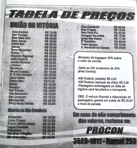 Tabela de preço X taxímetro - Vvale